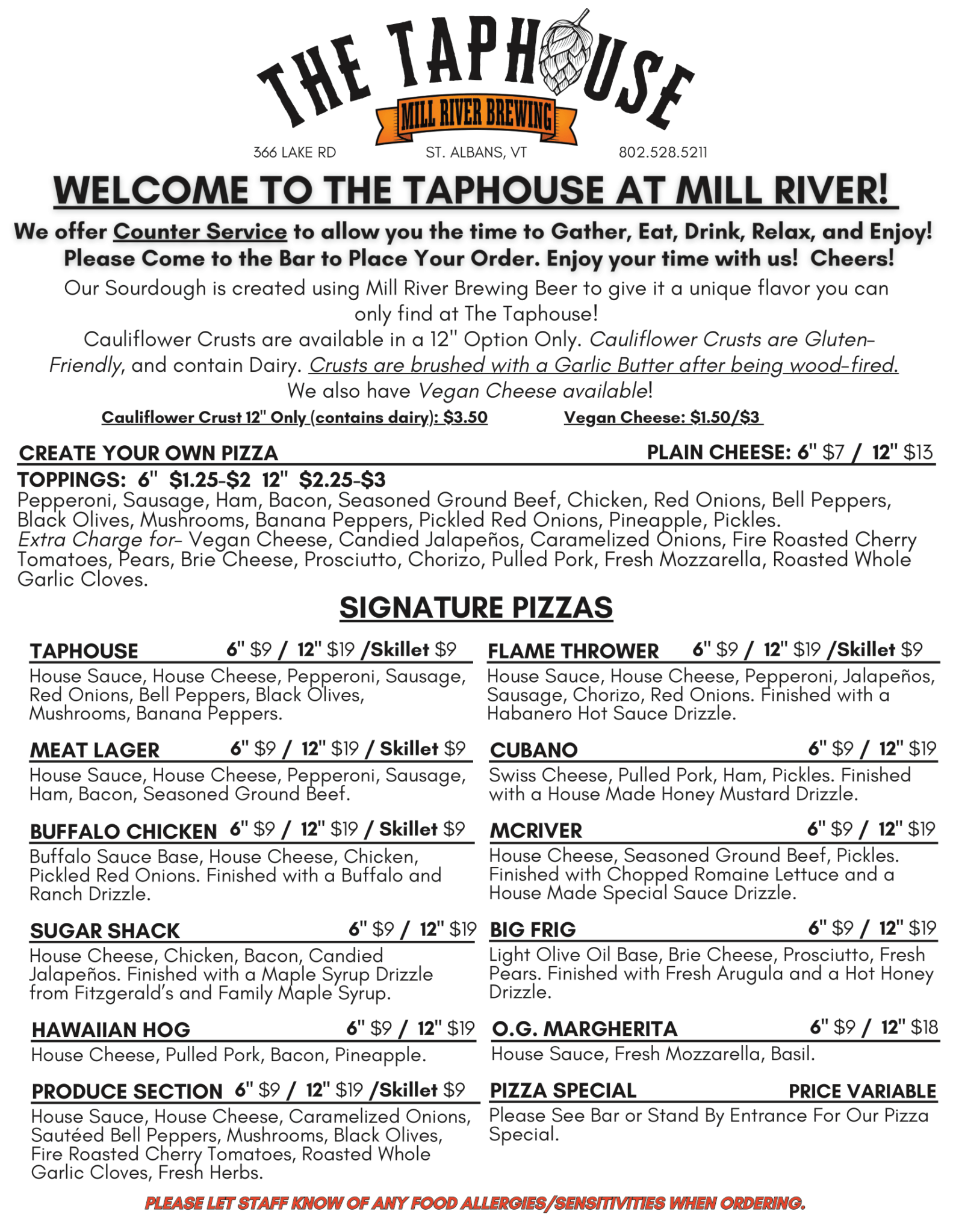 Food Menu - Mill River Taphouse